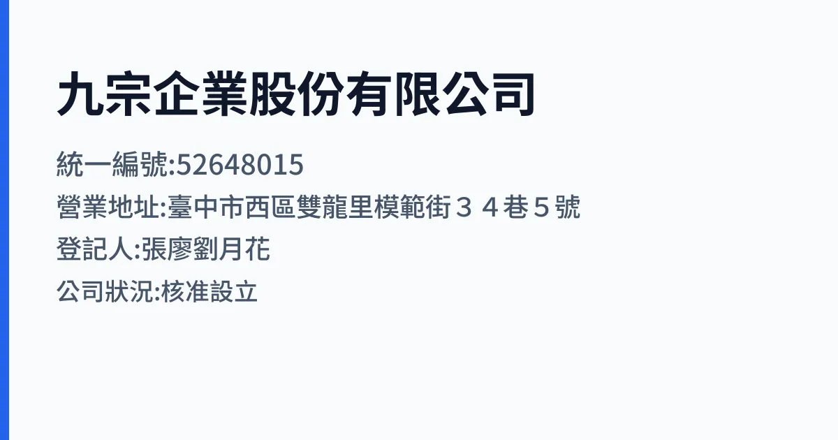 九宗企業股份有限公司 - 統編 52648015(臺中市) 公司登記資料與營業項目詳細圖表