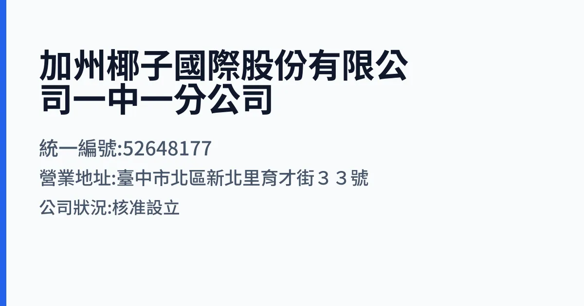 加州椰子國際股份有限公司一中一分公司 - 統編 52648177(臺中市) 公司登記資料與營業項目詳細圖表