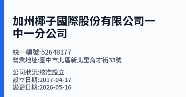 加州椰子國際股份有限公司一中一分公司的照片-統編 52648177(臺中市) 公司登記資料與營業項目詳細圖表