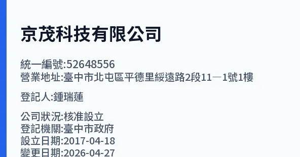 京茂科技有限公司的照片-統編 52648556(臺中市) 公司登記資料與營業項目詳細圖表