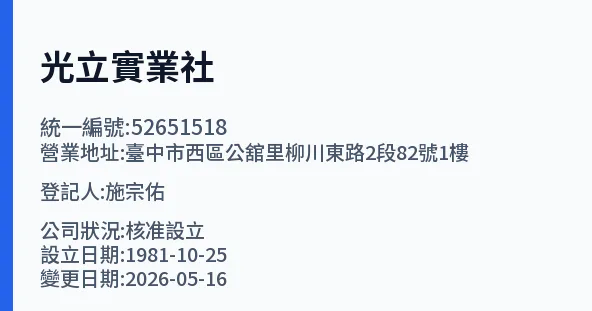 光立實業社的照片-統編 52651518(臺中市) 公司登記資料與營業項目詳細圖表