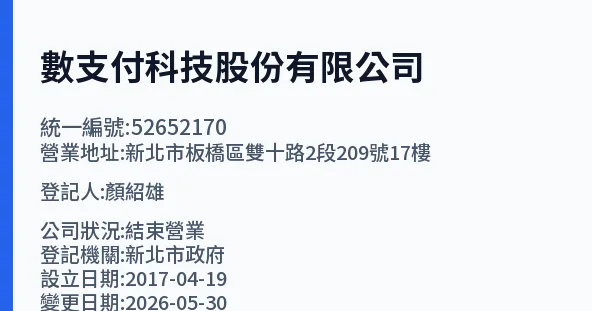 數支付科技股份有限公司的照片-統編 52652170(新北市) 公司登記資料與營業項目詳細圖表