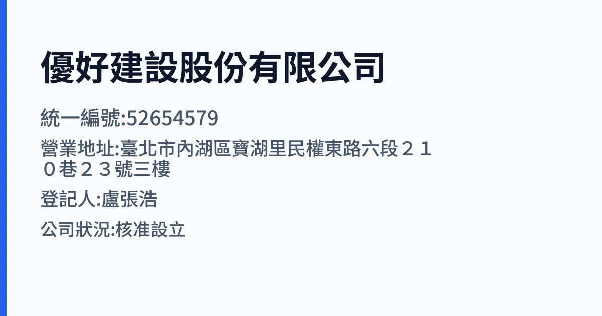 優好建設股份有限公司 - 統編 52654579(臺北市) 公司登記資料與營業項目詳細圖表