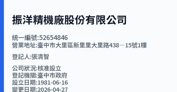 振洋精機廠股份有限公司的照片-統編 52654846(臺中市) 公司登記資料與營業項目詳細圖表