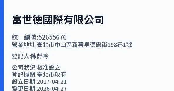 富世德國際有限公司的照片-統編 52655676(臺北市) 公司登記資料與營業項目詳細圖表