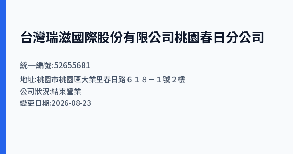 台灣瑞滋國際股份有限公司桃園春日分公司的照片-統編 52655681(桃園市) 公司登記資料與營業項目詳細圖表