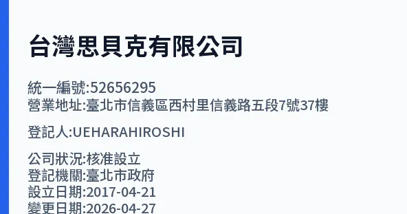 台灣思貝克有限公司的照片-統編 52656295(臺北市) 公司登記資料與營業項目詳細圖表