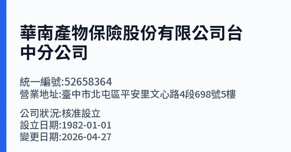 華南產物保險股份有限公司台中分公司的照片-統編 52658364(臺中市) 公司登記資料與營業項目詳細圖表
