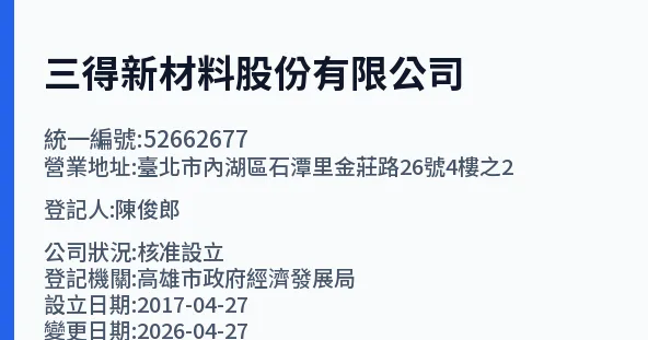 三得新材料股份有限公司的照片-統編 52662677(臺北市) 公司登記資料與營業項目詳細圖表