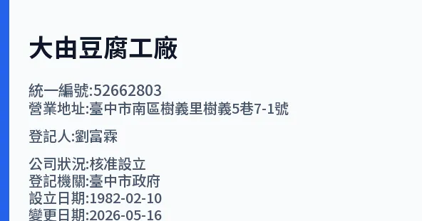 大由豆腐工廠的照片-統編 52662803(臺中市) 公司登記資料與營業項目詳細圖表