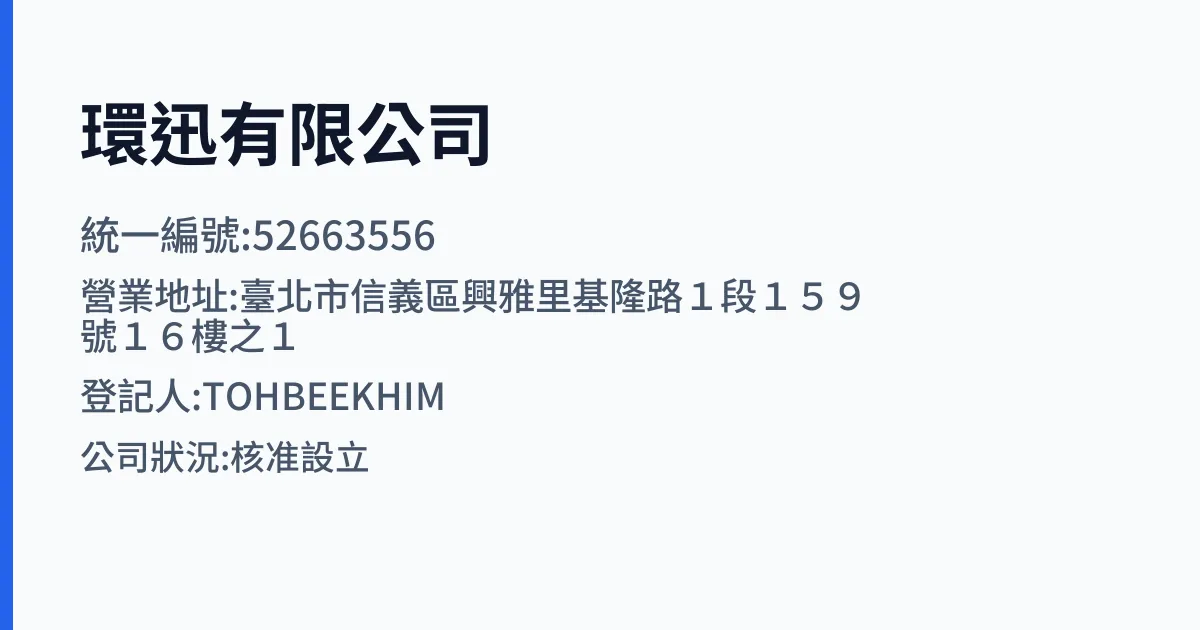 環迅有限公司 - 統編 52663556(臺北市) 公司登記資料與營業項目詳細圖表