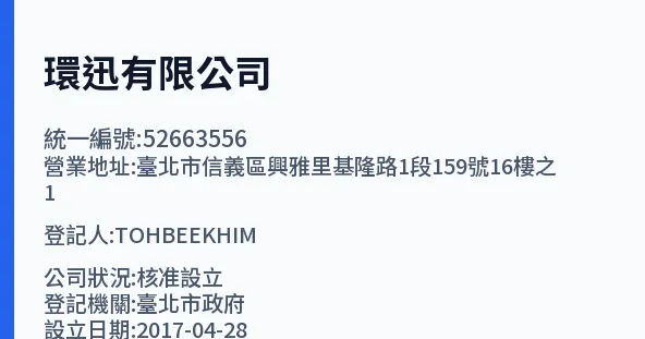 環迅有限公司的照片-統編 52663556(臺北市) 公司登記資料與營業項目詳細圖表