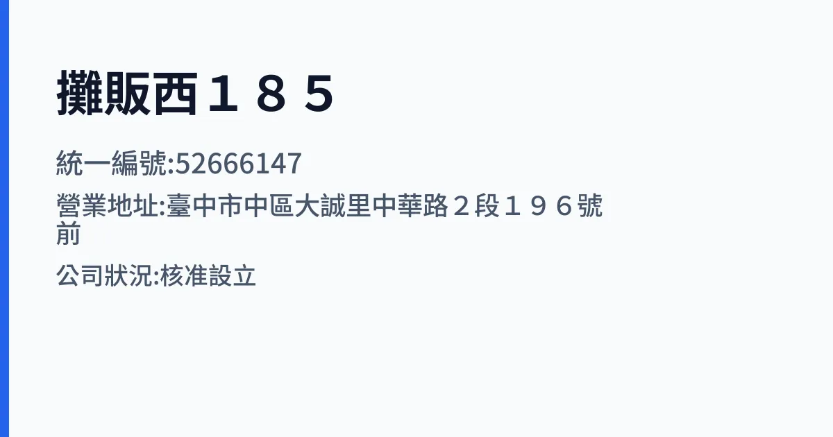 攤販西１８５ - 統編 52666147(臺中市) 公司登記資料與營業項目詳細圖表