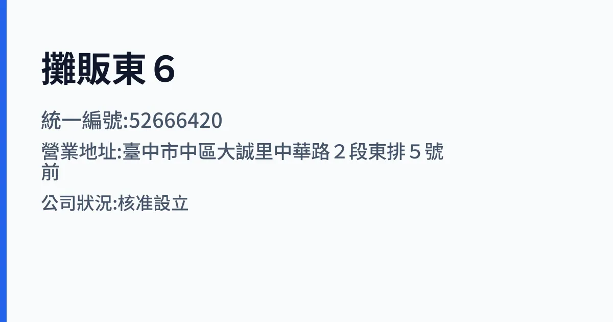 攤販東6 - 統編 52666420(臺中市) 公司登記資料與營業項目詳細圖表