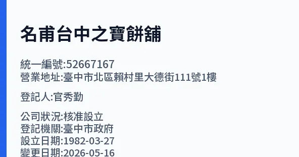 名甫台中之寶餅舖的照片-統編 52667167(臺中市) 公司登記資料與營業項目詳細圖表