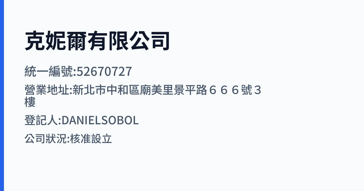 克妮爾有限公司 - 統編 52670727(新北市) 公司登記資料與營業項目詳細圖表