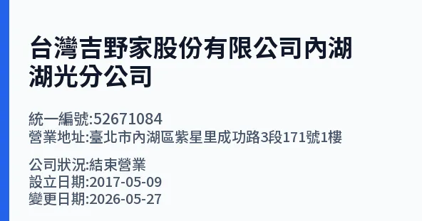 台灣吉野家股份有限公司內湖湖光分公司的照片-統編 52671084(臺北市) 公司登記資料與營業項目詳細圖表