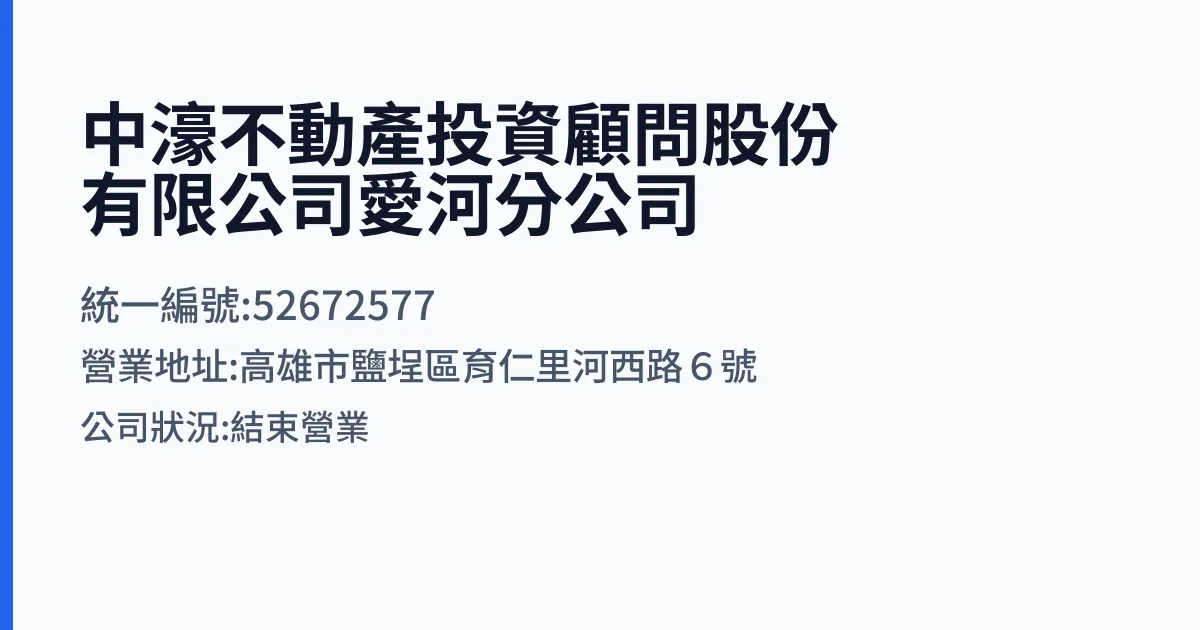 中濠不動產投資顧問股份有限公司愛河分公司 - 統編 52672577(高雄市) 公司登記資料與營業項目詳細圖表