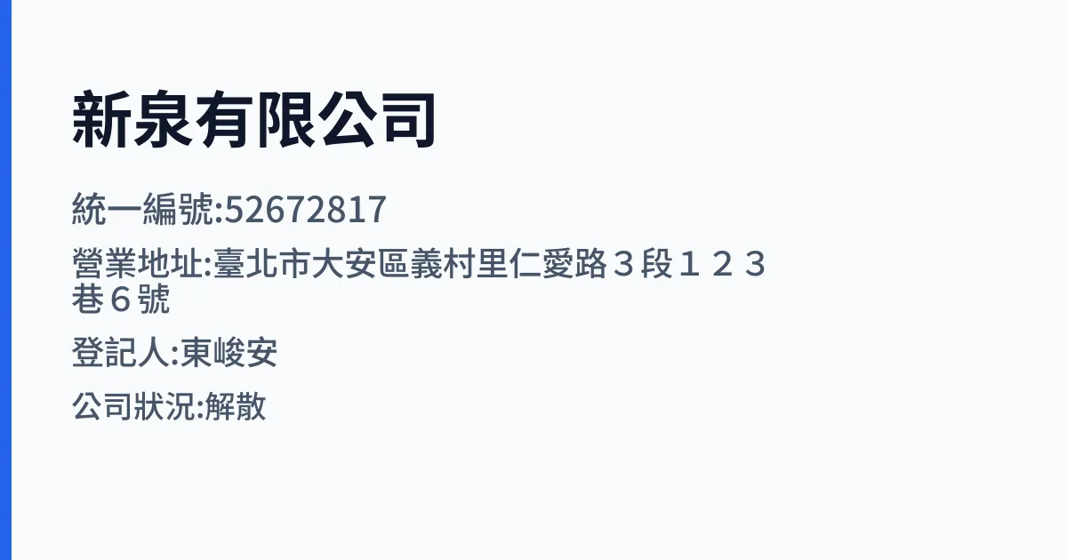 新泉有限公司 - 統編 52672817(臺北市) 公司登記資料與營業項目詳細圖表