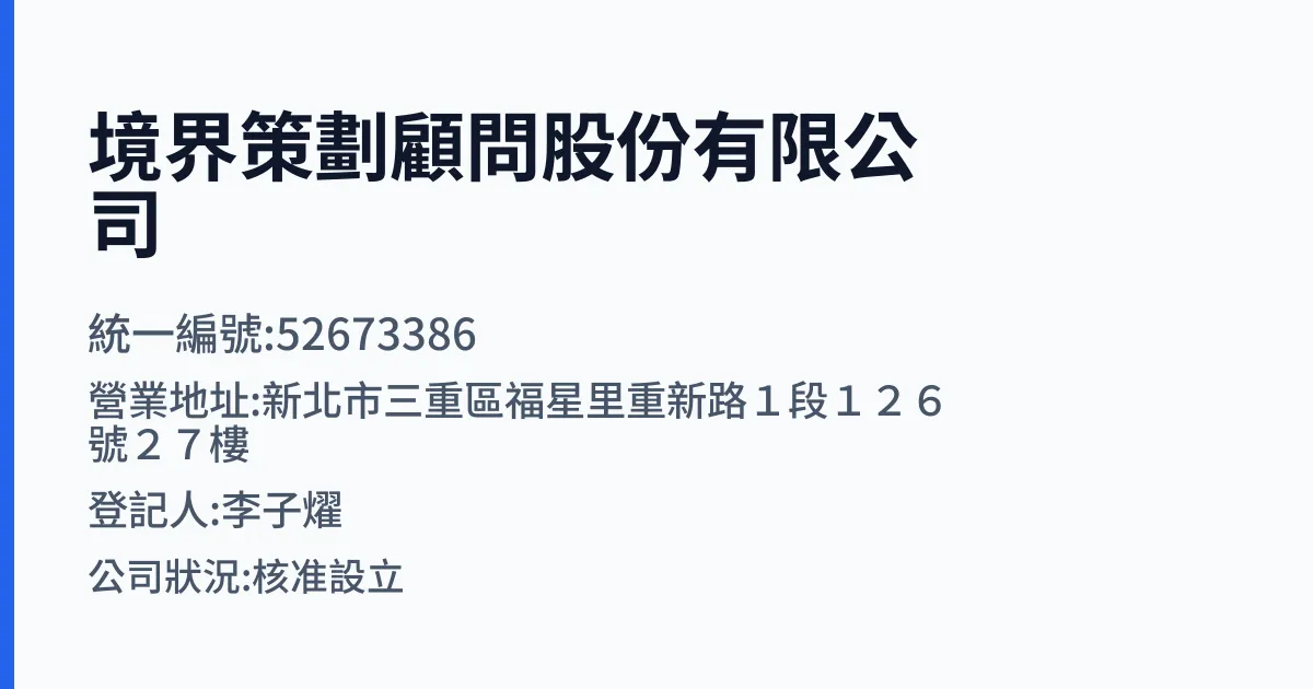 境界策劃顧問股份有限公司 - 統編 52673386(新北市) 公司登記資料與營業項目詳細圖表