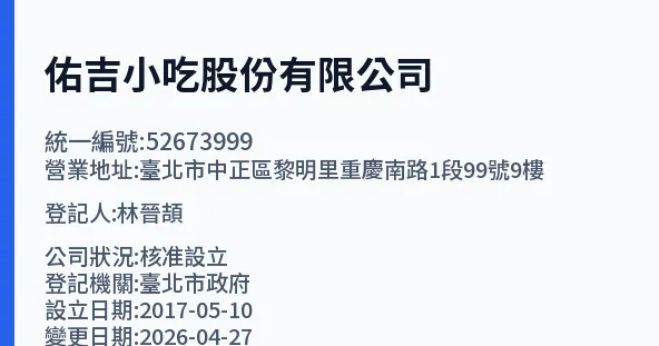 佑吉小吃股份有限公司的照片-統編 52673999(臺北市) 公司登記資料與營業項目詳細圖表