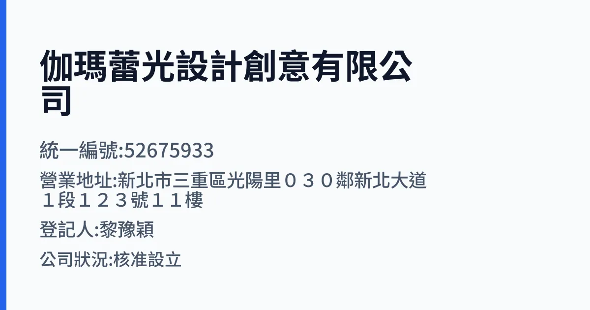 伽瑪蕾光設計創意有限公司 - 統編 52675933(新北市) 公司登記資料與營業項目詳細圖表