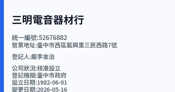 三明電音器材行的照片-統編 52676882(臺中市) 公司登記資料與營業項目詳細圖表