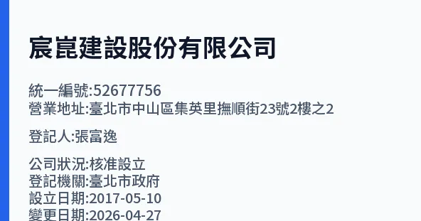 宸崑建設股份有限公司的照片-統編 52677756(臺北市) 公司登記資料與營業項目詳細圖表