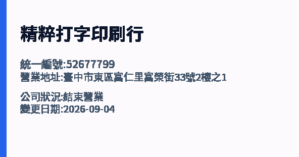精粹打字印刷行的照片-統編 52677799(臺中市) 公司登記資料與營業項目詳細圖表