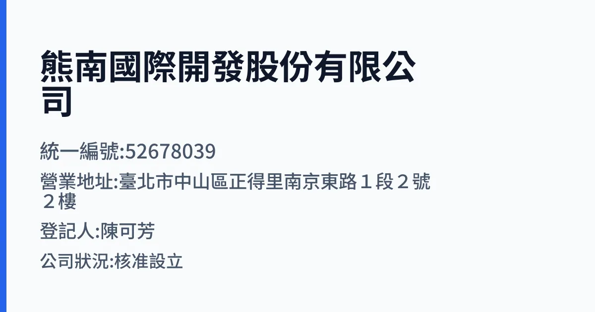 熊南國際開發股份有限公司 - 統編 52678039(臺北市) 公司登記資料與營業項目詳細圖表