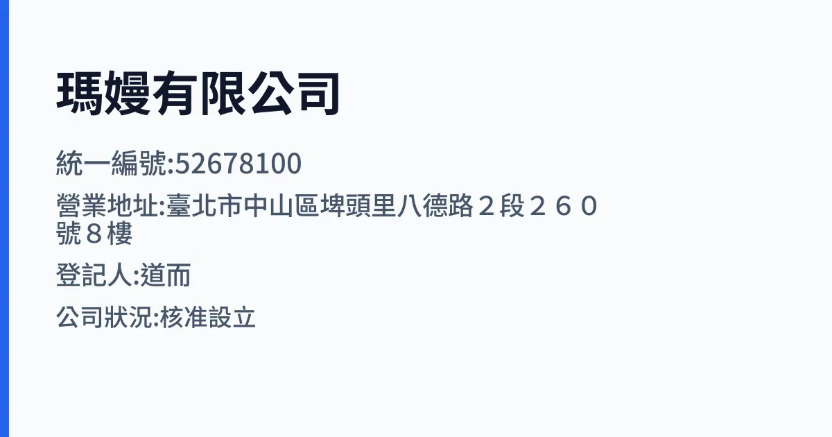 瑪嫚有限公司 - 統編 52678100(臺北市) 公司登記資料與營業項目詳細圖表