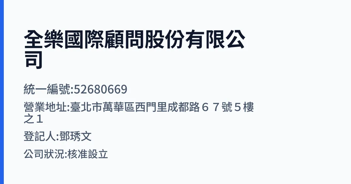 全樂國際顧問股份有限公司 - 統編 52680669(臺北市) 公司登記資料與營業項目詳細圖表