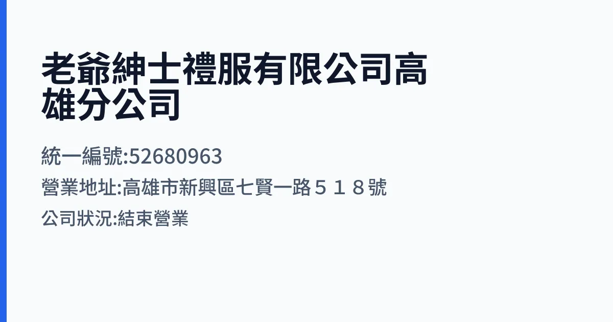 老爺紳士禮服有限公司高雄分公司 - 統編 52680963(高雄市) 公司登記資料與營業項目詳細圖表