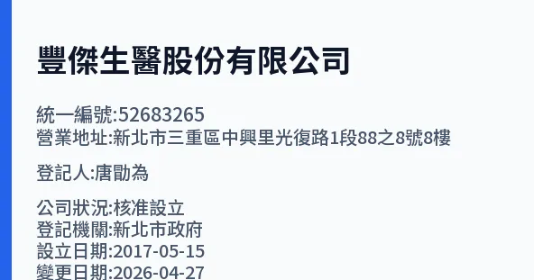 豐傑生醫股份有限公司的照片-統編 52683265(新北市) 公司登記資料與營業項目詳細圖表