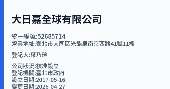 大日嘉全球有限公司的照片-統編 52685714(臺北市) 公司登記資料與營業項目詳細圖表