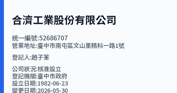 合濟工業股份有限公司的照片-統編 52686707(臺中市) 公司登記資料與營業項目詳細圖表