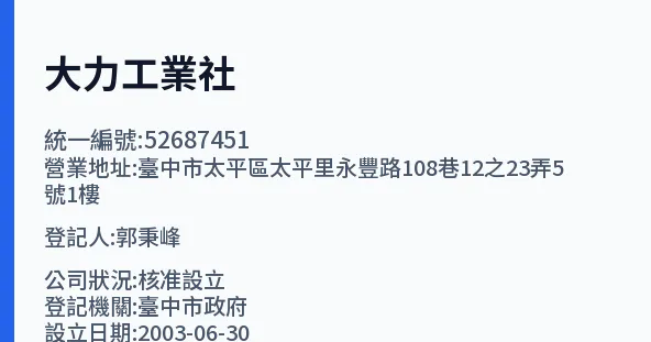 大力工業社的照片-統編 52687451(臺中市) 公司登記資料與營業項目詳細圖表