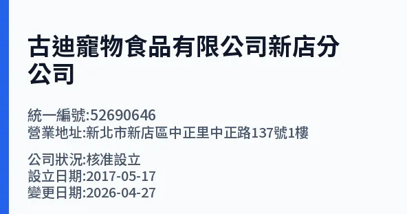 古迪寵物食品有限公司新店分公司的照片-統編 52690646(新北市) 公司登記資料與營業項目詳細圖表