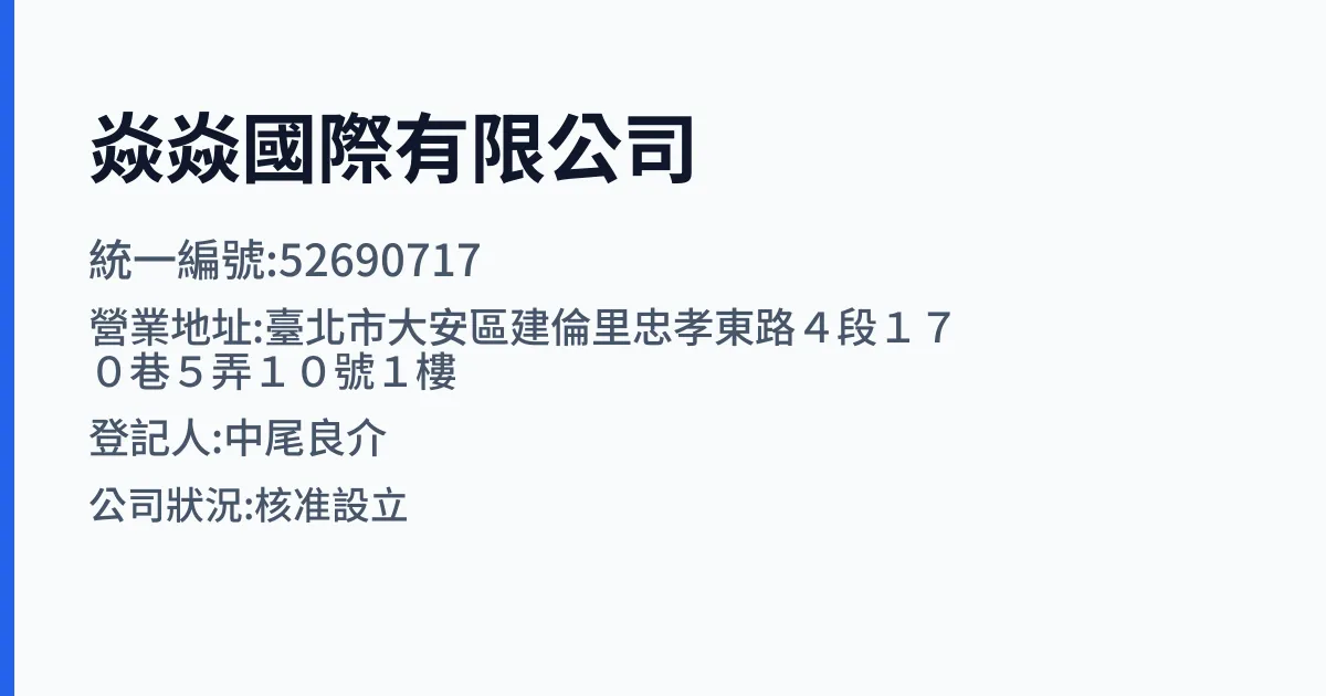 焱焱國際有限公司 - 統編 52690717(臺北市) 公司登記資料與營業項目詳細圖表