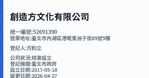 創造方文化有限公司的照片-統編 52691390(臺北市) 公司登記資料與營業項目詳細圖表