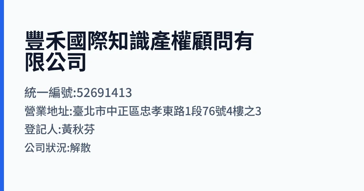 豐禾國際知識產權顧問有限公司 - 統編 52691413(臺北市) 公司登記資料與營業項目詳細圖表
