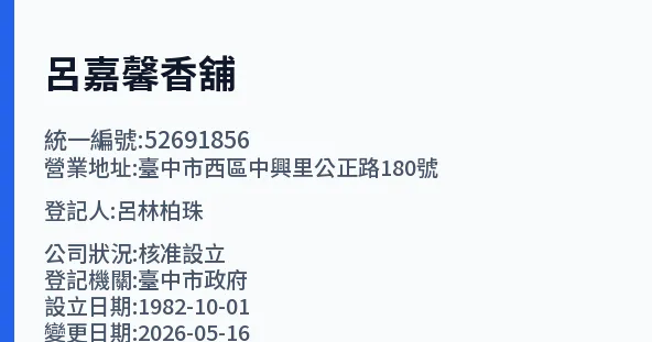 呂嘉馨香舖的照片-統編 52691856(臺中市) 公司登記資料與營業項目詳細圖表
