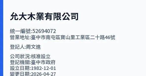 允大木業有限公司的照片-統編 52694072(臺中市) 公司登記資料與營業項目詳細圖表