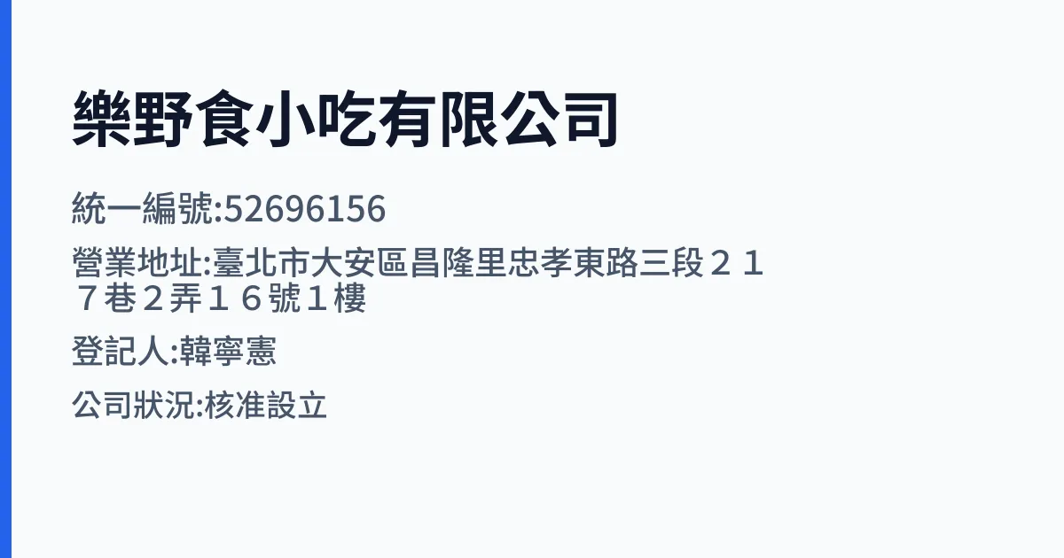 樂野食小吃有限公司 - 統編 52696156(臺北市) 公司登記資料與營業項目詳細圖表