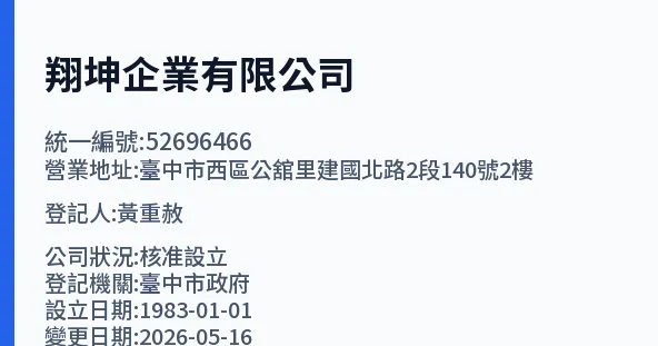 翔坤企業有限公司的照片-統編 52696466(臺中市) 公司登記資料與營業項目詳細圖表