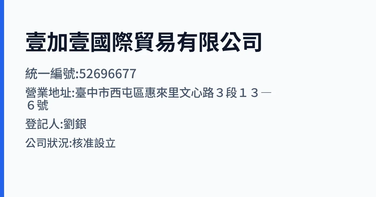 壹加壹國際貿易有限公司 - 統編 52696677(臺中市) 公司登記資料與營業項目詳細圖表