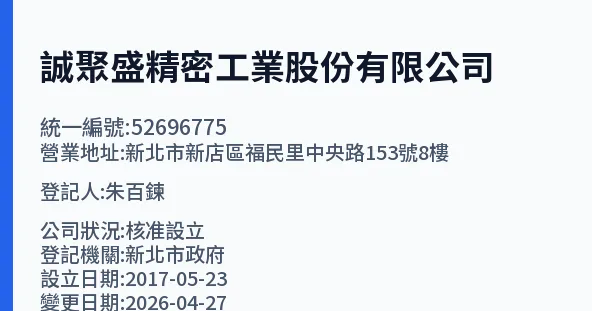 誠聚盛精密工業股份有限公司的照片-統編 52696775(新北市) 公司登記資料與營業項目詳細圖表