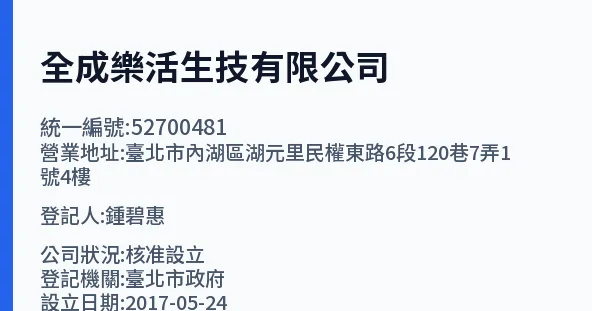 全成樂活生技有限公司的照片-統編 52700481(臺北市) 公司登記資料與營業項目詳細圖表