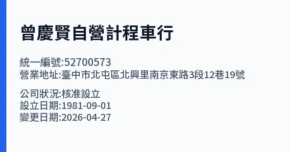 曾慶賢自營計程車行的照片-統編 52700573(臺中市) 公司登記資料與營業項目詳細圖表