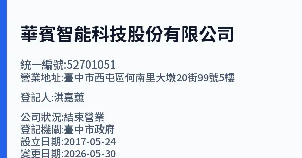 華賓智能科技股份有限公司的照片-統編 52701051(臺中市) 公司登記資料與營業項目詳細圖表